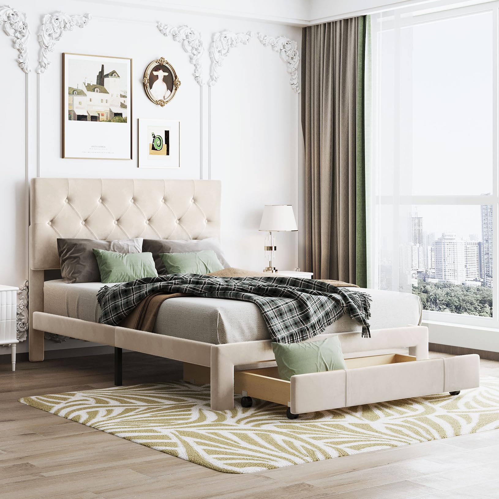 Altillo Full Size Velvet Upholstered Platform Bed Frames with Large Storage Drawer, Mid-Century Modern Platform Bed with Solid Wood Slat Support for Bedroom Boys Girls, Under Bed Storage, Beige