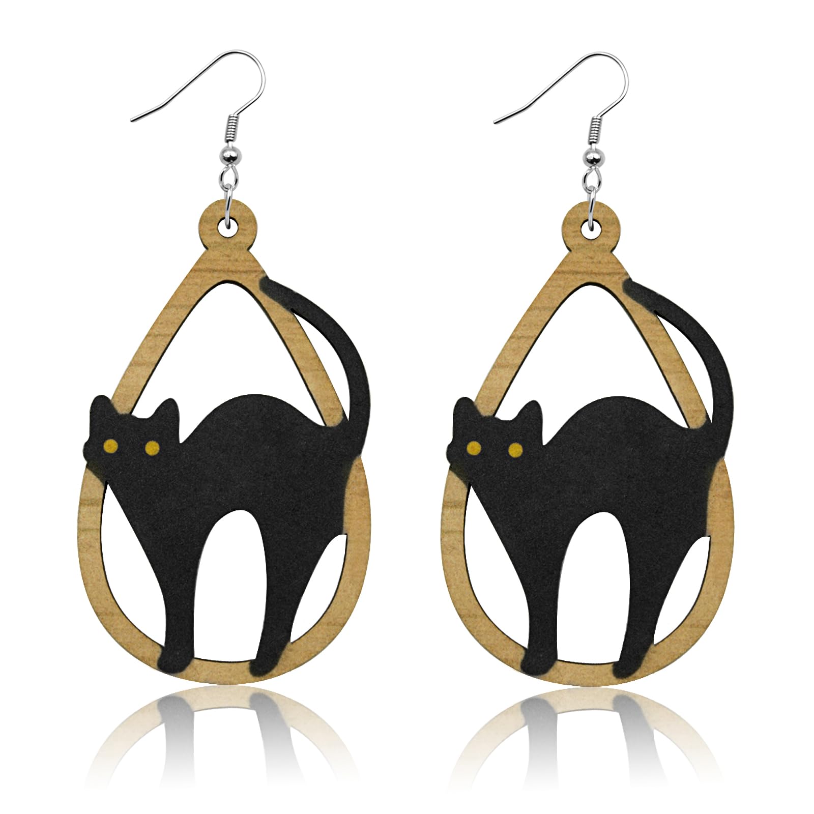 Yomlry Halloween Earrings for Women Pumpkin Black Cat Halloween Jewelry Ghost Bat Spooky Dangle Earrings for Halloween Eve Party Accessories Double-sided Holiday Wood Earrings Set Jewelry Gift black cat