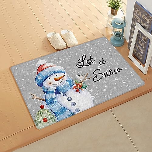 Grey Snowman Antifatigue Kitchen Bath Door Mat Cushioned Runner Rug,Washable Welcome Floor Sink Mat,Waterproof Non-Slip Comfort Standing Doormat,Christmas Winter Snowflake Bird Berry 18"x30"