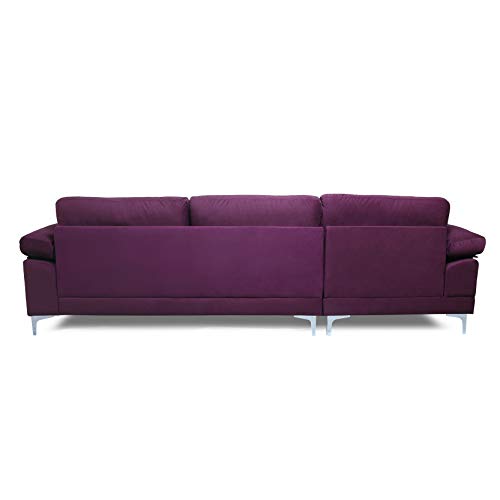 ERYE Soft Velvet Sofa with Left Lounge Chaise, L-Shaped Corner Upholstered Couch W/Pillow-Top Armrest & Silver Metal Legs for Living Room Furniture Sets Sectional, Purple 103.5" W