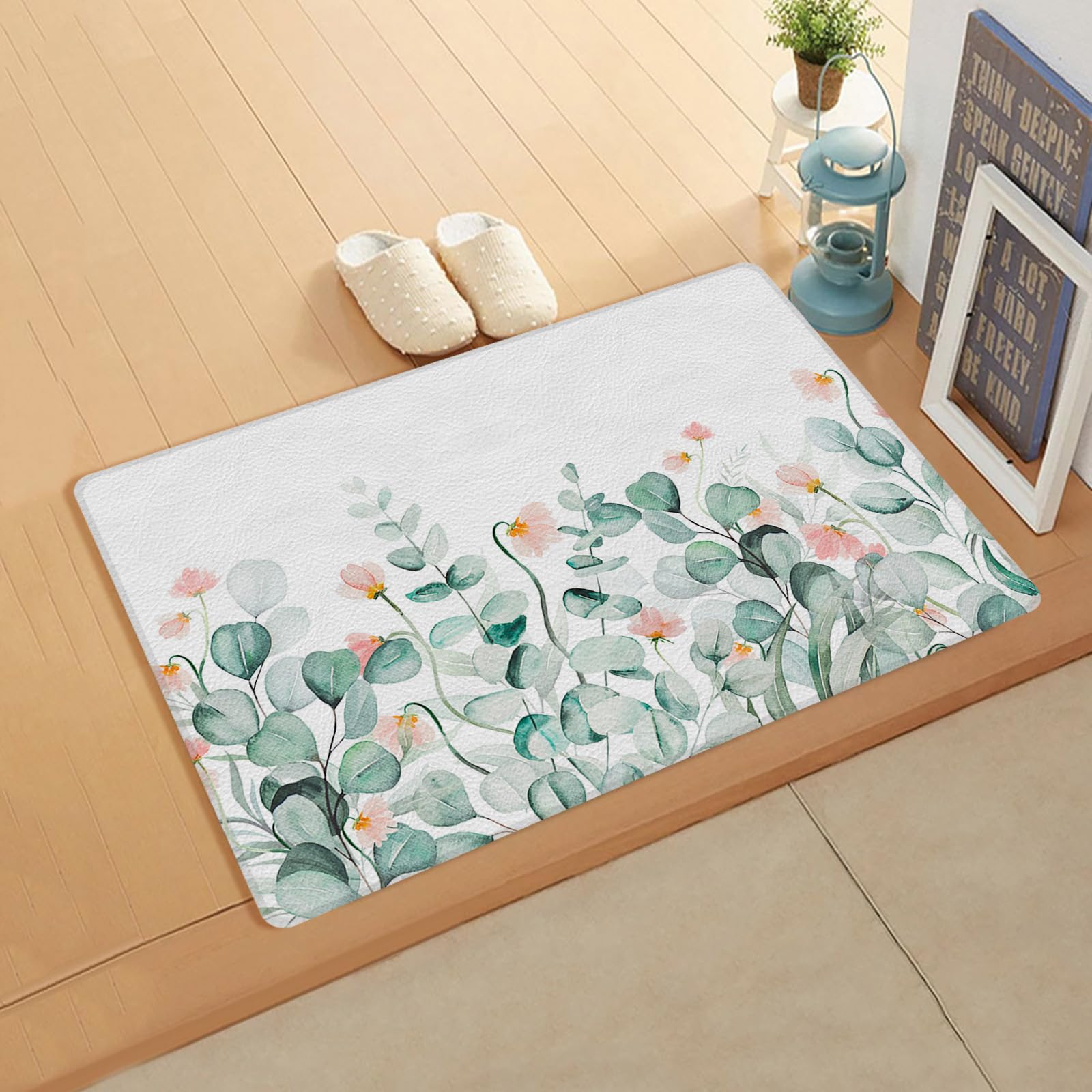Green Eucalyptus Leaves Antifatigue Kitchen Bath Door Mat Cushioned Runner Rug,Washable Welcome Floor Sink Mat,Waterproof Comfort Standing Doormat,Elegant Vintage Blush Pink Tulip Floral 18"x59"