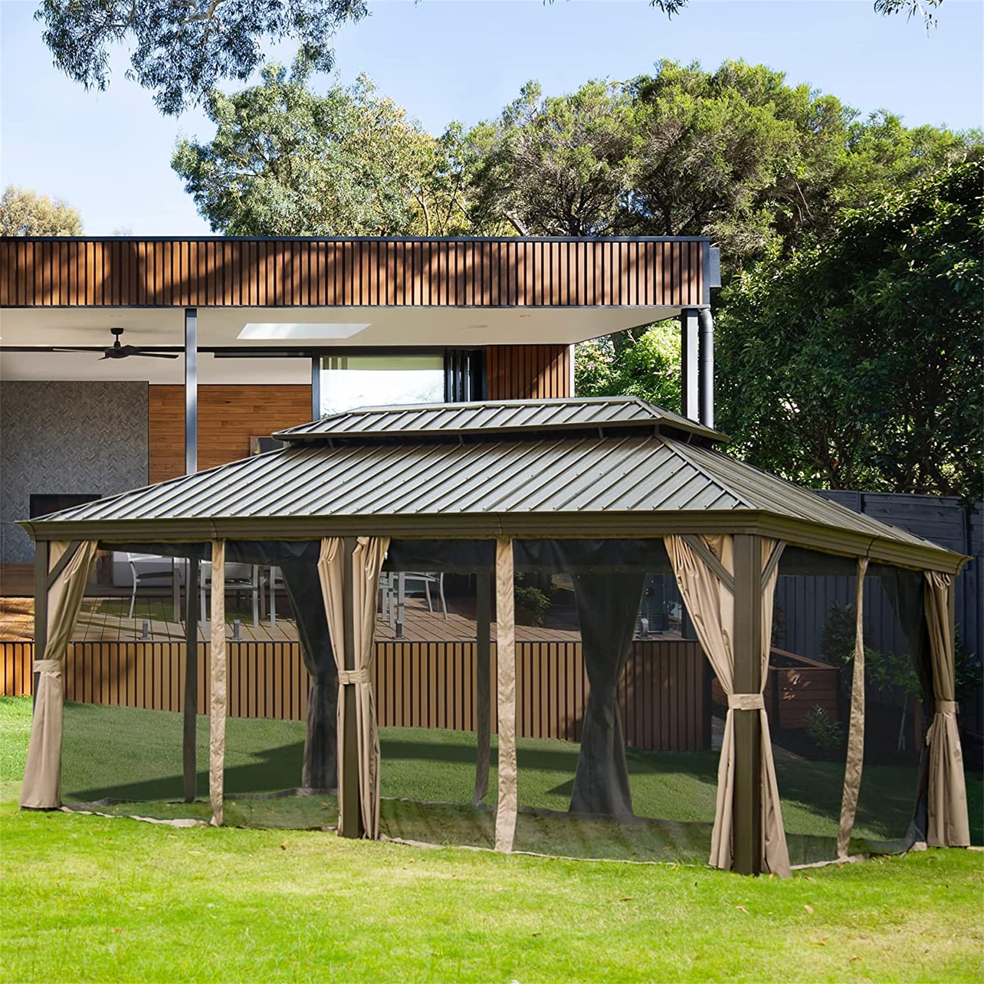 DHPM Outdoor Living 12’x18’ Hardtop Gazebo, Wooden Coated Aluminum Frame Canopy with Galvanized Steel Double Roof, Outdoor Permanent Metal Pavilion with Curtains and Netting for Patio, Deck and Lawn