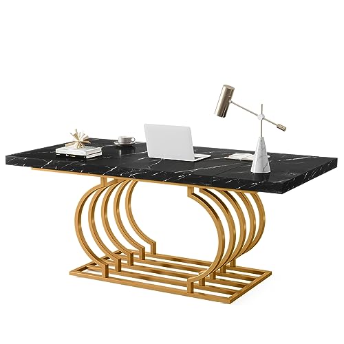 Tribesigns 63" Modern Office Desk, Black and Gold Executive Desk, Large Computer Desk Home Office Desk with Gold Metal Frame, Wood Workstation Study Writing Desk