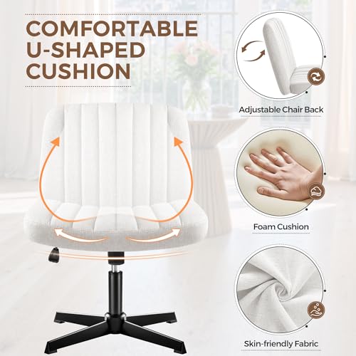 Shahoo Criss Cross Legged Chair, Armless Swivel Wide Padded Height Adjustable Fabric Home Office, Beige