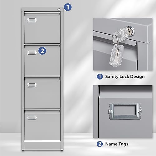 Anxxsu 4 Drawer File Cabinet, Filing Cabinets for Home Office, Metal Vertical File Storage Cabinet with Lock, Locking File Cabinet for A4 Legal/Letter, 15.1" W x 17.7" D x 52.5" H, Assembly Required