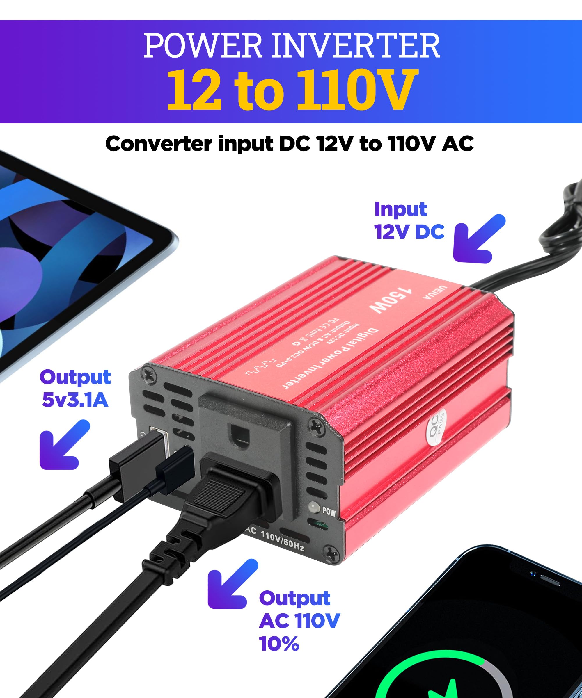 Zlirfy Car Inverter,Power Inverter,150W Car Power Inverter,Car to Outlet Adapter with USB+Type-C PD Dual Interface,Car Accessories Car Power Adapter,Car Plug Outlet Adapter