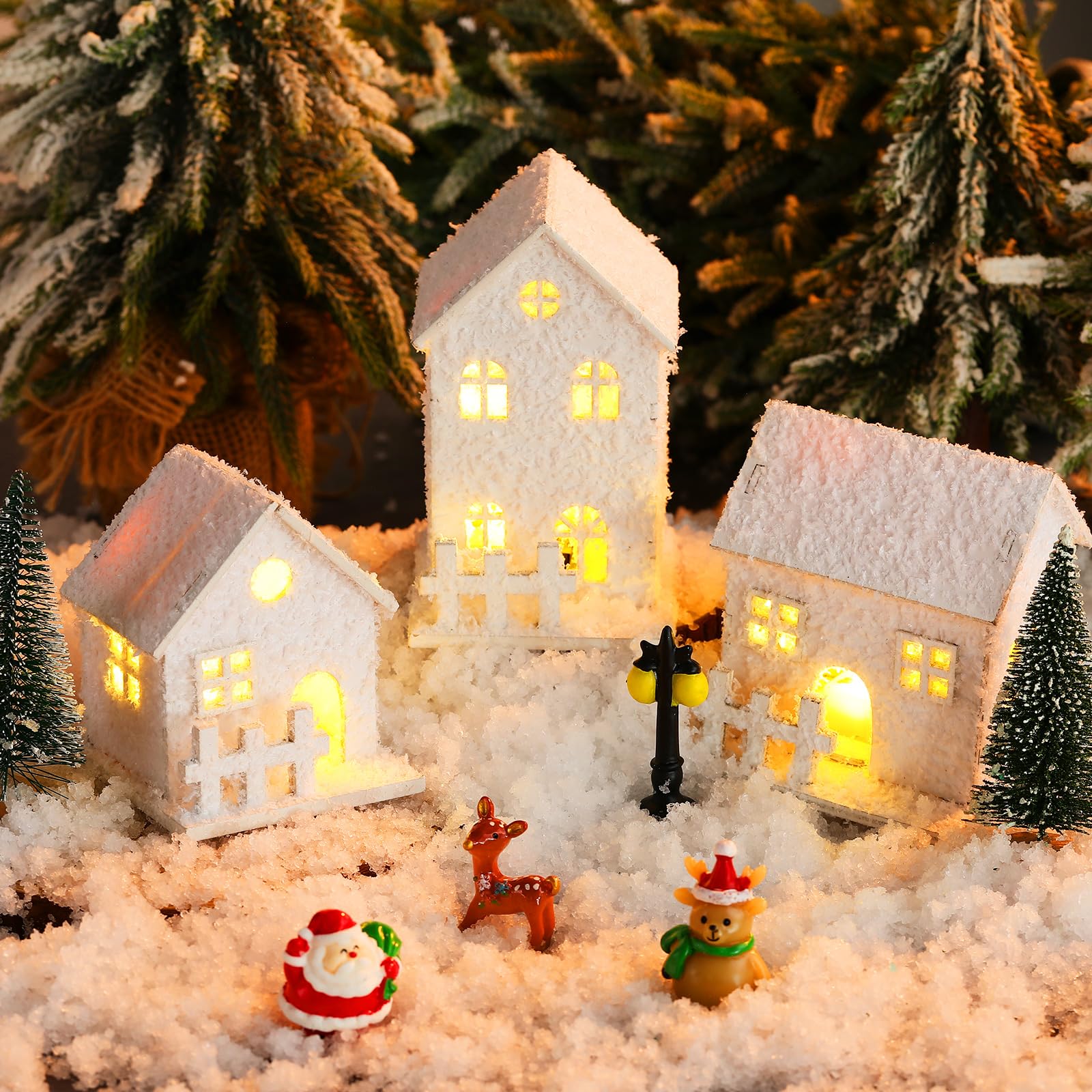 Maitys 26 Pcs Christmas Village Sets Houses LED Lighted Accessories Town Scene Christmas Figurines Battery Operated for Desktop Holiday Miniature Decorations
