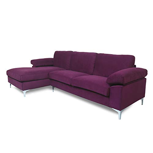 ERYE Soft Velvet Sofa with Left Lounge Chaise, L-Shaped Corner Upholstered Couch W/Pillow-Top Armrest & Silver Metal Legs for Living Room Furniture Sets Sectional, Purple 103.5" W