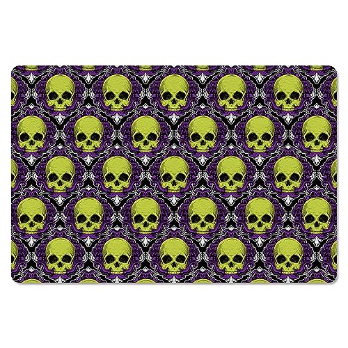 Jolunifun Halloween Antifatigue Kitchen Bath Door Mat Cushioned Runner Rug,Washable Welcome Floor Sink Mat,Waterproof Non-Slip Comfort Standing Doormat,Green Horror Skull Bone Purple Backdrop 24"x36"