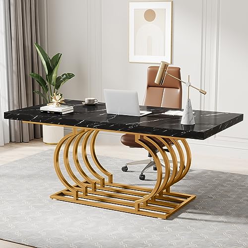 Tribesigns 63" Modern Office Desk, Black and Gold Executive Desk, Large Computer Desk Home Office Desk with Gold Metal Frame, Wood Workstation Study Writing Desk