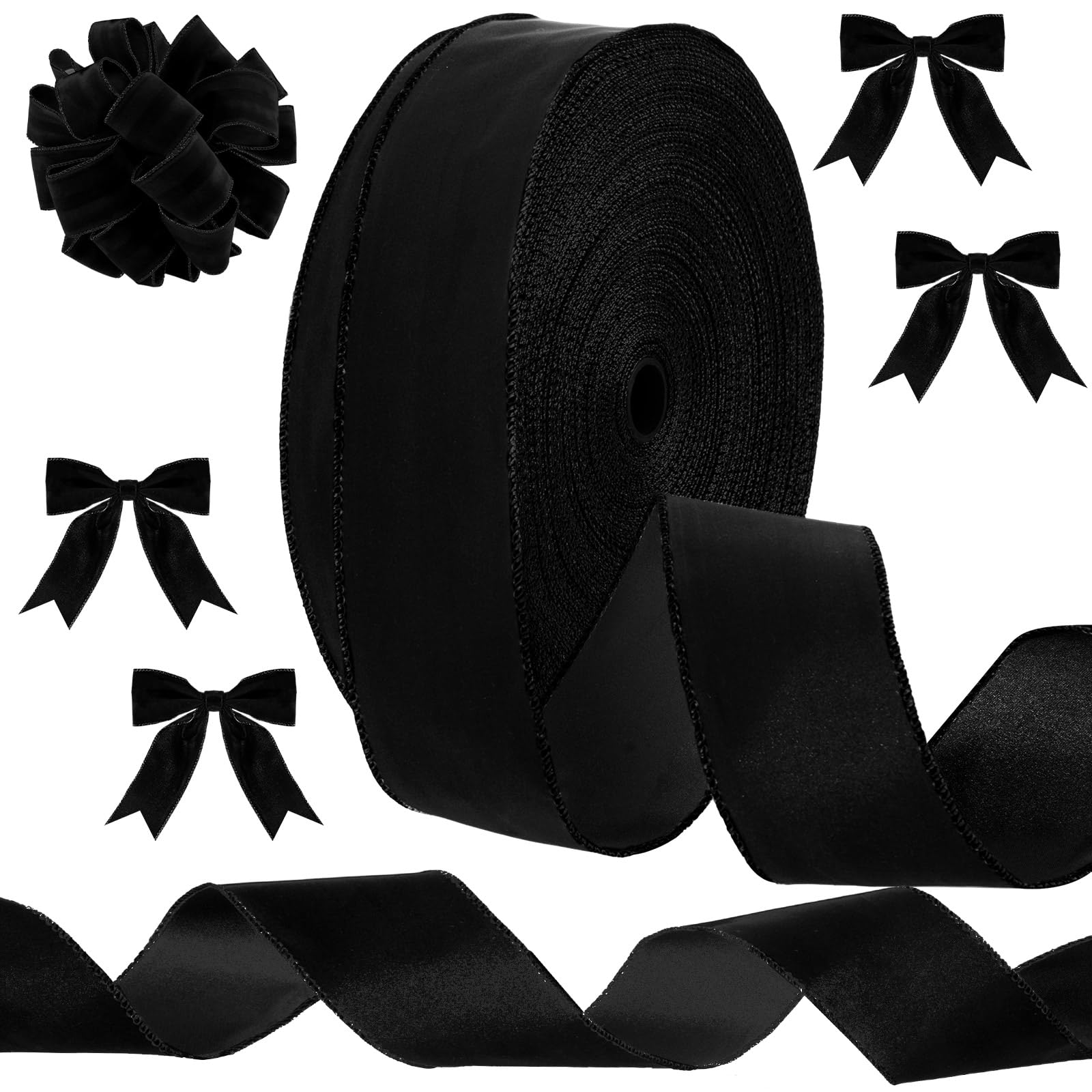 100 Yards Christmas Velvet Ribbon Wide Wired Outdoor Xmas Ribbon Waterproof Wrapping Velvet Decoration for Xmas Wreath Bows Floral Craft Decor(2.5'' x 100 yds,Black)