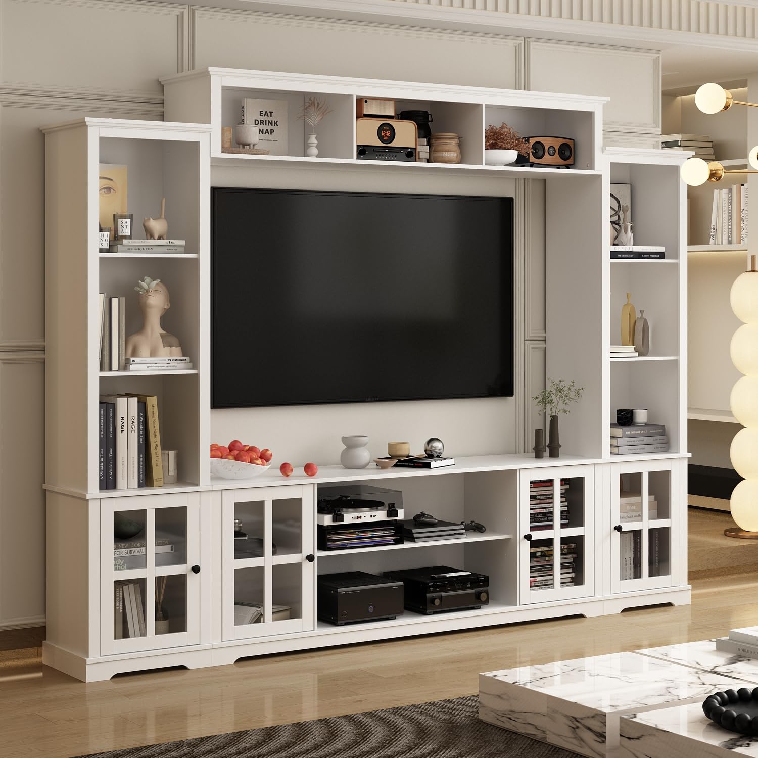 AIEGLE Entertainment Wall Unit Set with Bridge, Modern TV Stand with Glass Doors & Shelves, Large Console Table for TVs Up to 70", Living Room Storage Bookshelf Set, White (102" Wx14.6 Dx78.2 H)