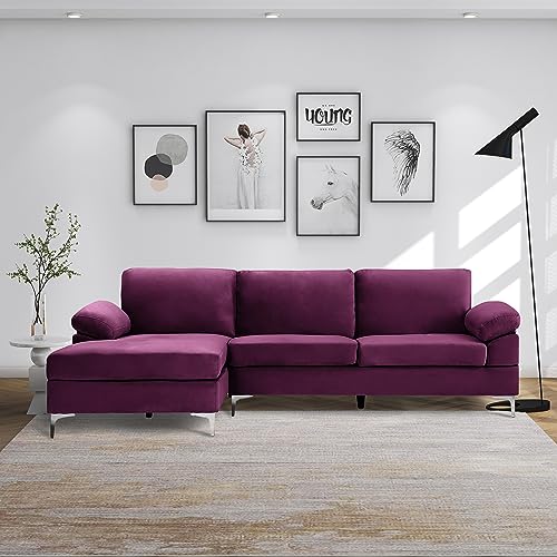ERYE Soft Velvet Sofa with Left Lounge Chaise, L-Shaped Corner Upholstered Couch W/Pillow-Top Armrest & Silver Metal Legs for Living Room Furniture Sets Sectional, Purple 103.5" W