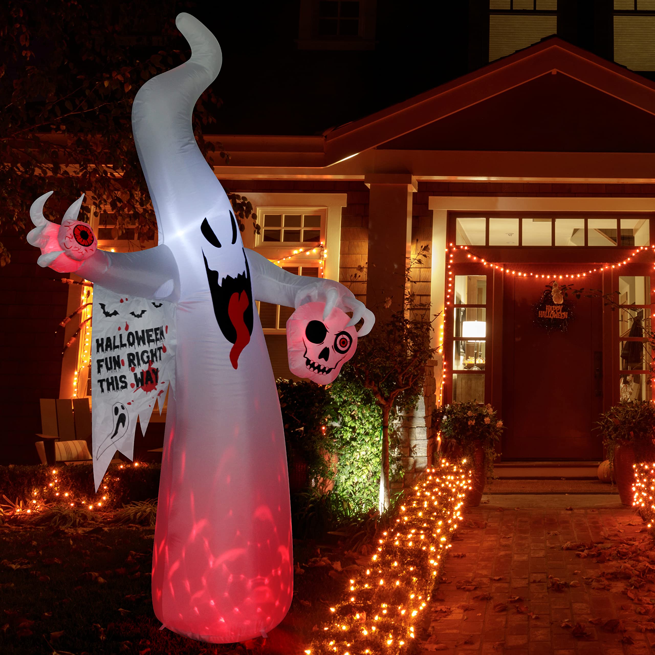 Halloween Inflatable Decorations Outdoor, Halloween Blow Up Inflatable for Halloween Yard, Garden, Lawn Decorations, Towering Spooky Ghost with Heart in Hand, Build-in LEDs