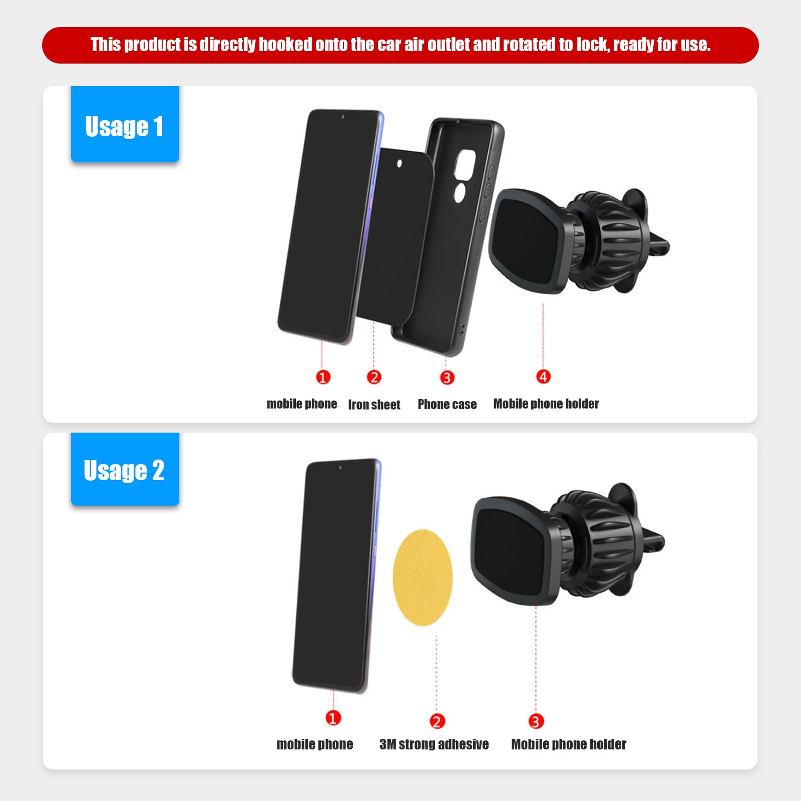 gunhunt 1 PC Snap-on Car Phone Holder, 2.36" x 1.57" 360° Rotating Air Outlet Multifunctional Navigation Bracket, Suitable for Conventional Horizontal Air Outlets Such as Horizontal/Vertical (Black)