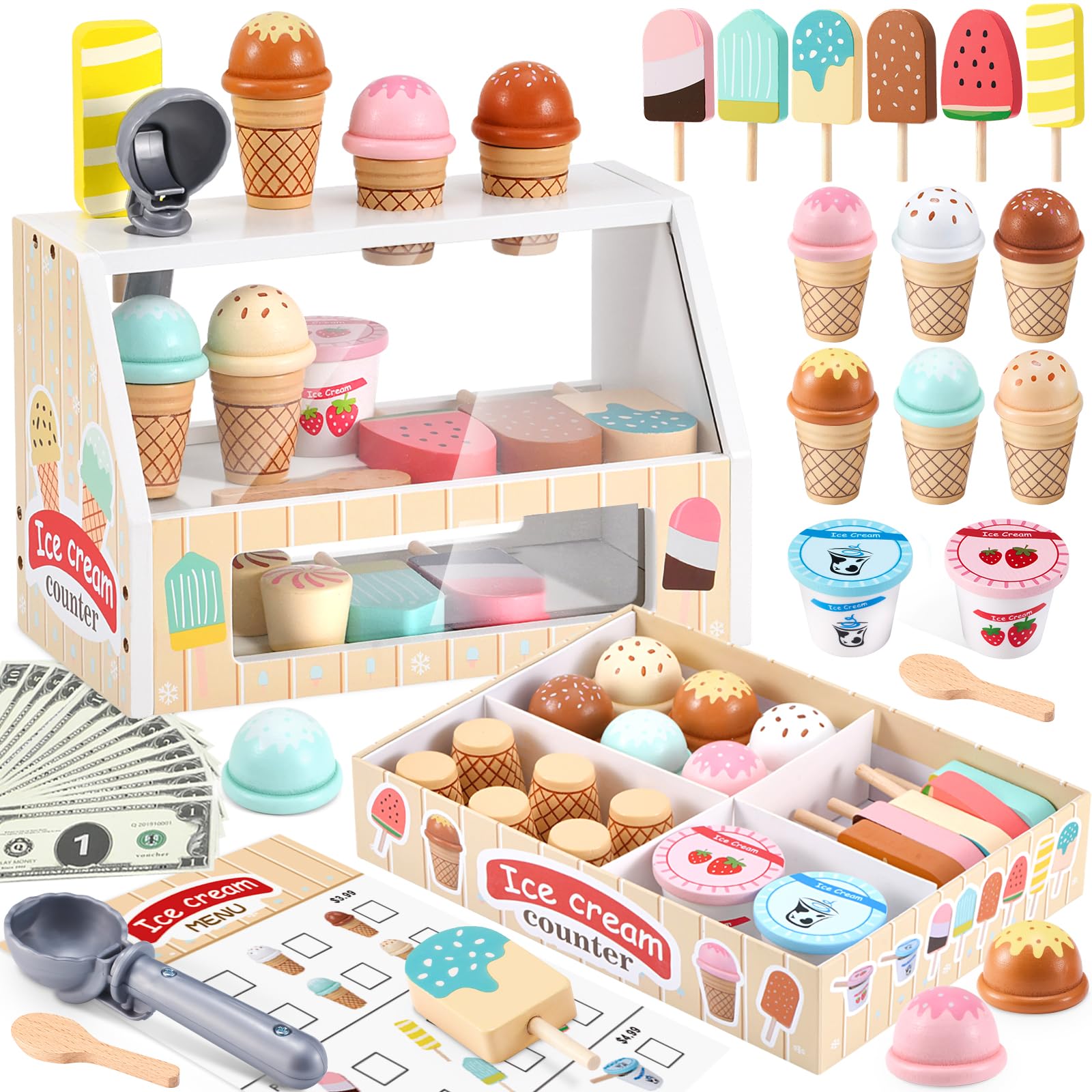 Wooden Ice Cream Toys Kids Play Store Pretend Toy for Toddlers, Play Kitchen Accessories with Scoop & Menu & Fake Money, Ideal Ice Cream Play Set Gifts for 3 4 5 6 7 8 Year Old Girls Boys