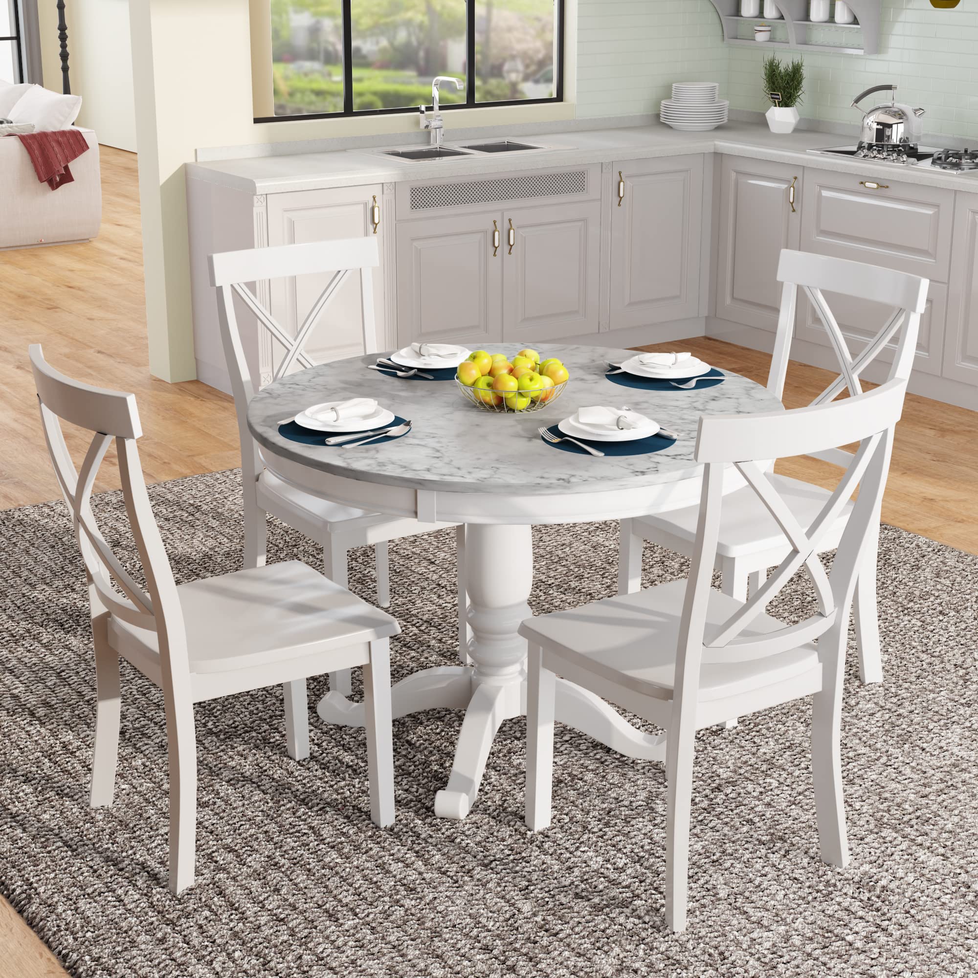 OPTOUGH 5 Piece Round Dining Table Set for 4, Marble Veneer and X Back 4 Solid Wood Chairs, 42-Inch, White
