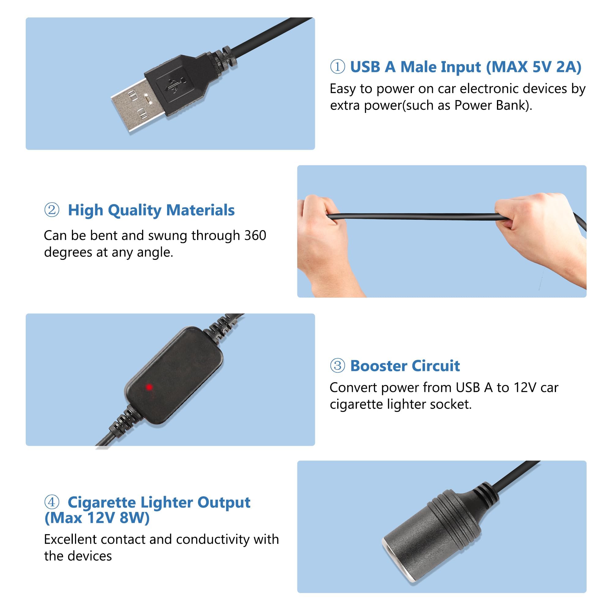 BXIZXD 2-Pack USB A Male to 12V Car Cigarette Lighter Socket Female Converter Cable, Suit for Driving Recorder, Dash Cam and Other Automotive Electronics (8W Max) - 1.2ft
