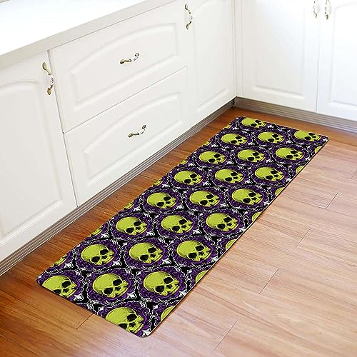 Jolunifun Halloween Antifatigue Kitchen Bath Door Mat Cushioned Runner Rug,Washable Welcome Floor Sink Mat,Waterproof Non-Slip Comfort Standing Doormat,Green Horror Skull Bone Purple Backdrop 24"x36"