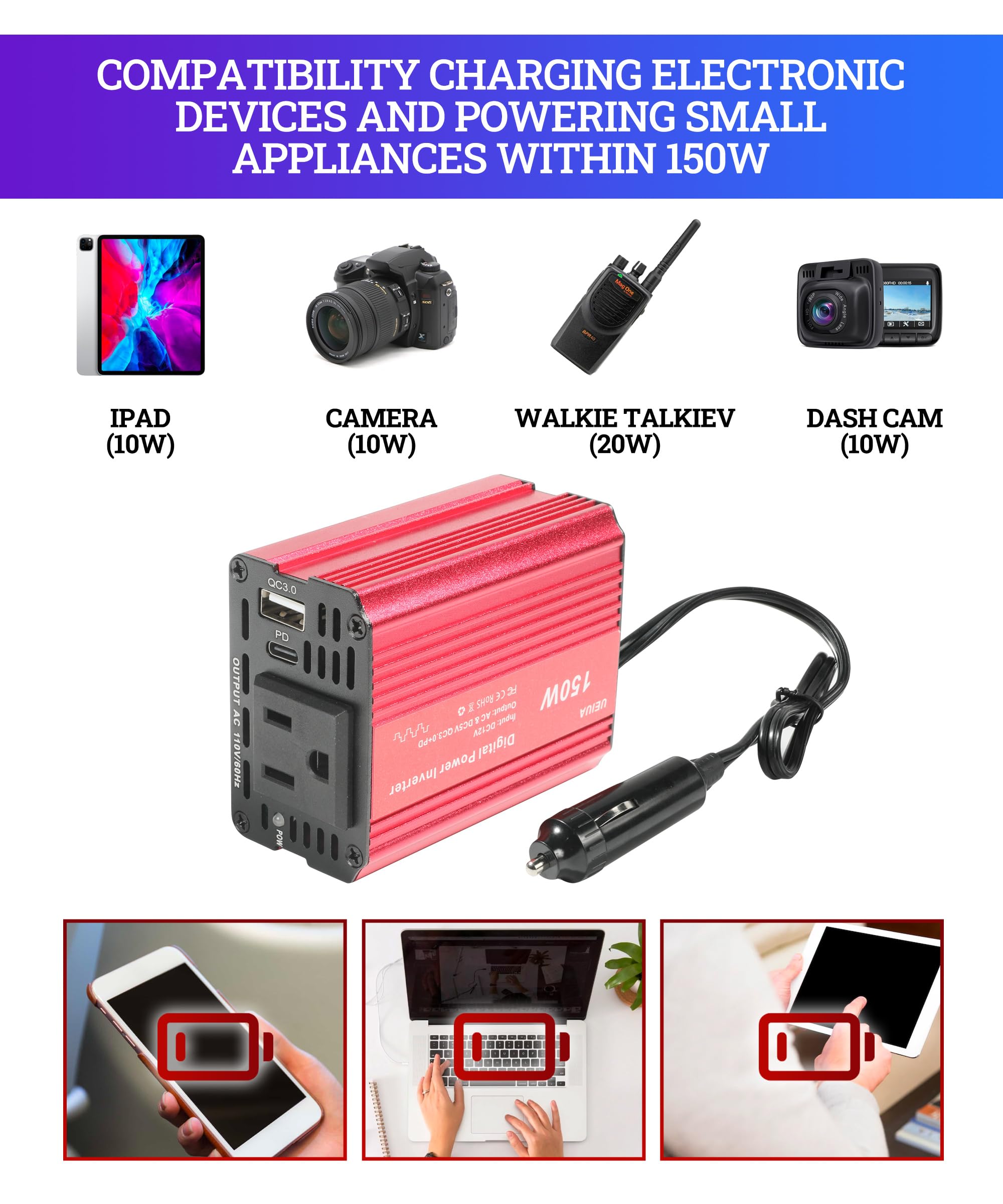 Zlirfy Car Inverter,Power Inverter,150W Car Power Inverter,Car to Outlet Adapter with USB+Type-C PD Dual Interface,Car Accessories Car Power Adapter,Car Plug Outlet Adapter