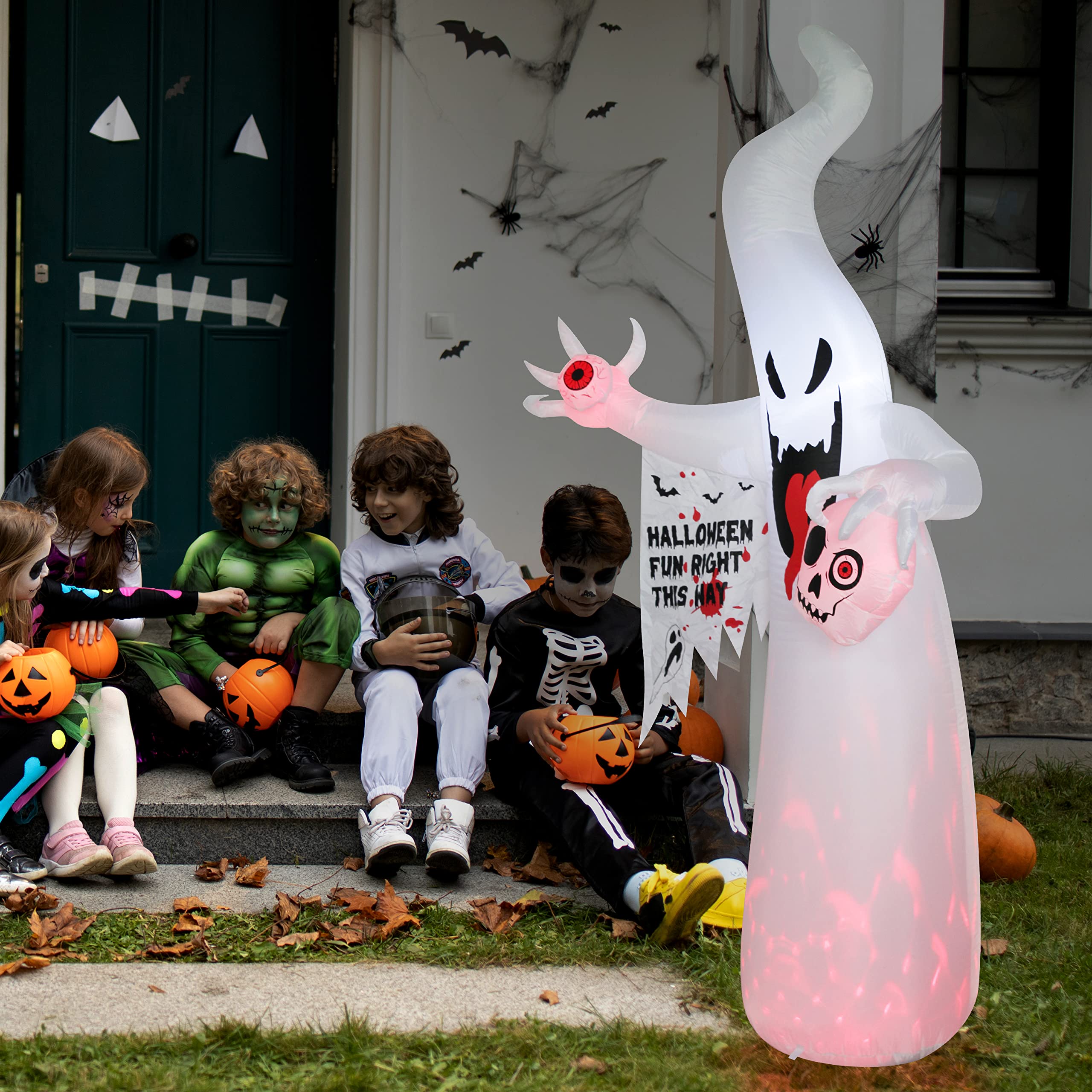 Halloween Inflatable Decorations Outdoor, Halloween Blow Up Inflatable for Halloween Yard, Garden, Lawn Decorations, Towering Spooky Ghost with Heart in Hand, Build-in LEDs
