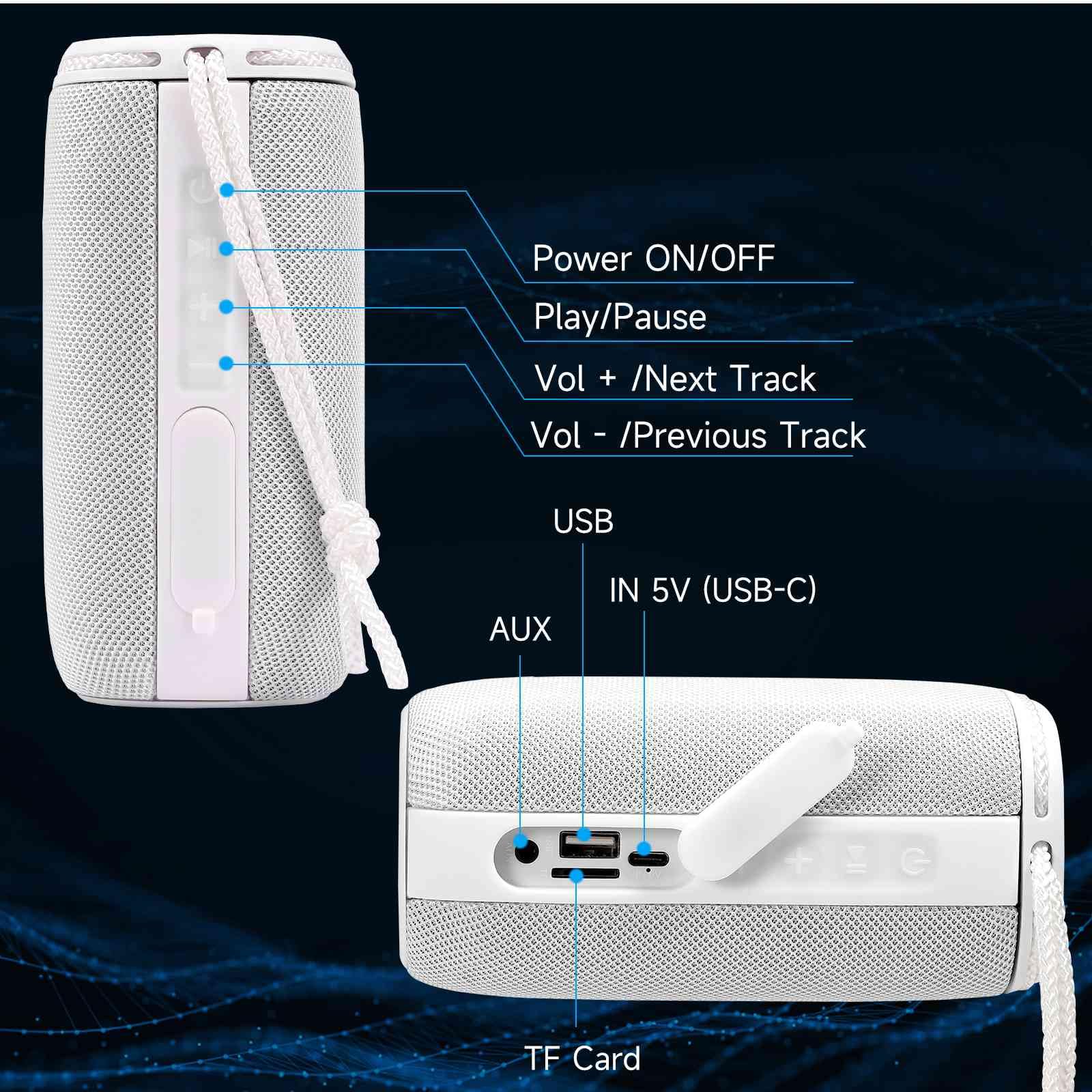 UrbanX Scorpio Series Bluetooth Speaker, IPX6 Waterproof Speakers HD Surround Sound with Punchy Bass, True Wireless Pairing, BT5.3, Portable Speaker for Mi CC9 - White
