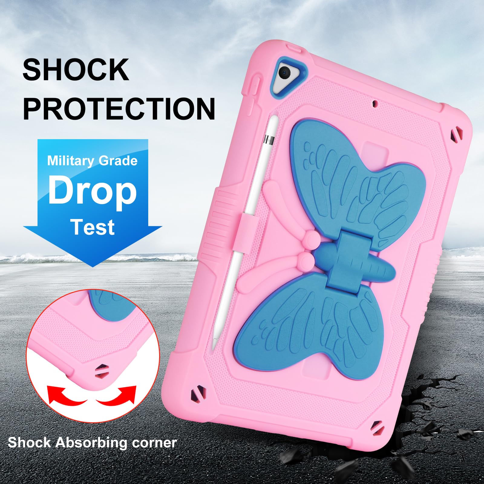 VOFUOE for iPad 6th/5th Generation Case with Screen Protector for iPad 9.7 Case 2018 2017 Butterfly Stand Strap Dolls Pencil Holder Kids Girls Hard Cover for iPad Pro for iPad Air 2th 9.7''-Pink Blue