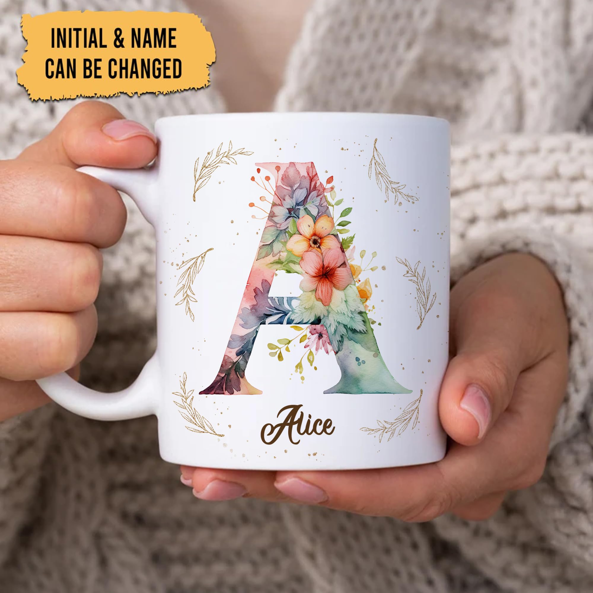 Hyturtle Personalized Initial Coffee Mug With Name - Monogram Birthday Christmas Gifts For Girls Women - Floral Letter A Alphabet 11oz White Ceramic Coffee Tea Mug -Custom Name & Initial A-Z Tea Cup