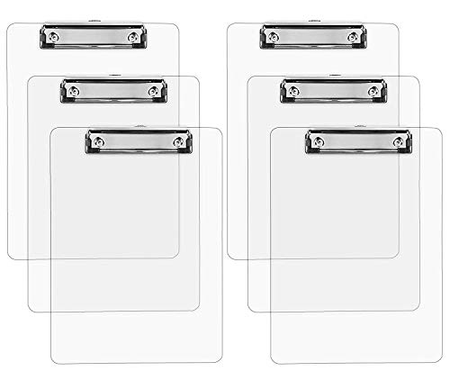 Plastic Clipboards (Set of 6) Transparent Clipboard (Clear) Strong 12.5 x 9 Inch | Holds 100 Sheets! Acrylic Clipboards with Low Profile Clip | Cute Clip Boards Board Clips