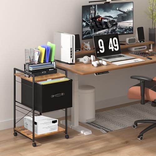 VECELO Mobile File Cabinet, Rolling Printer Shelf with Handle, Fabric Vertical Filing Cabinet fits Letter Size, Sturdy Steel Frame for Home Office, Brown