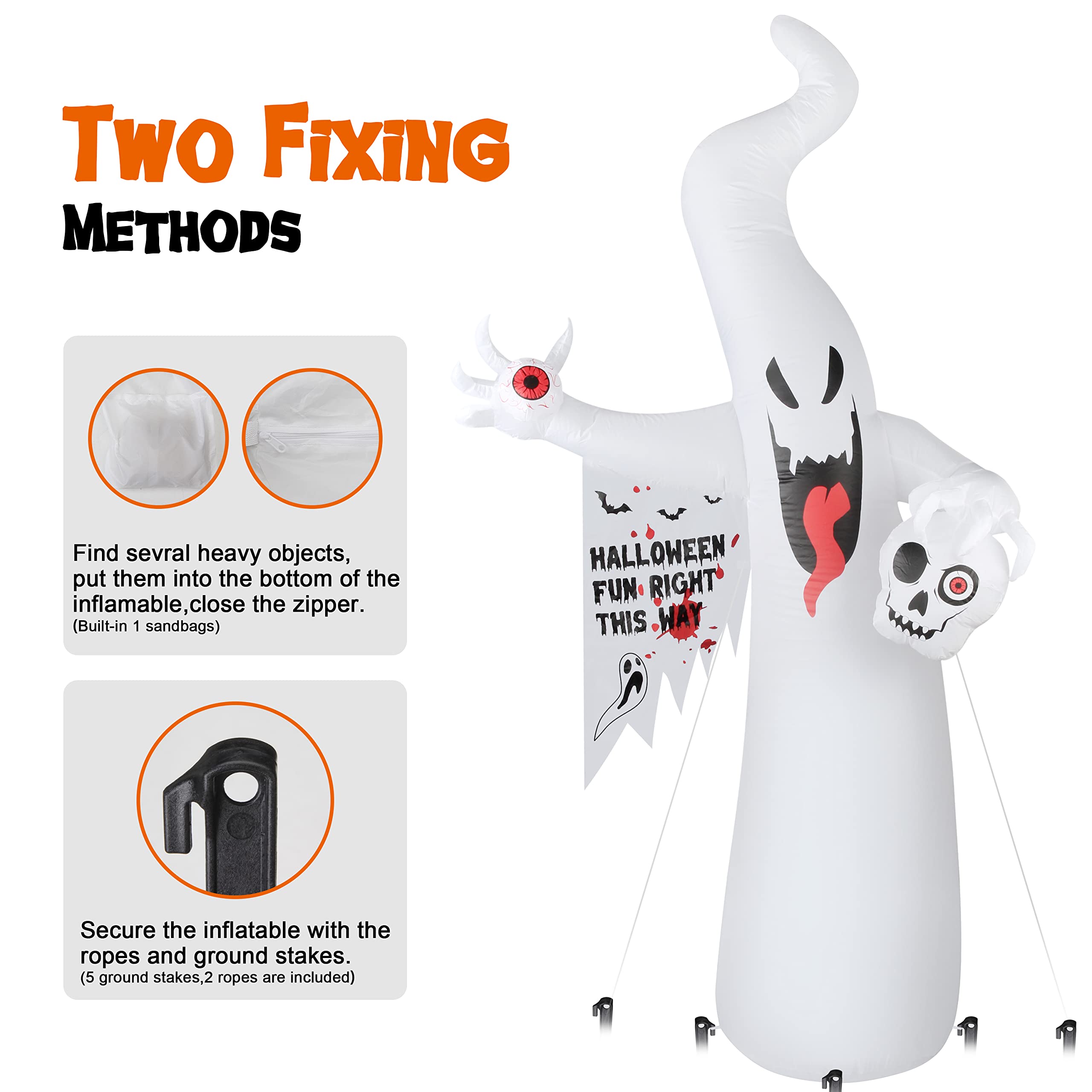 Halloween Inflatable Decorations Outdoor, Halloween Blow Up Inflatable for Halloween Yard, Garden, Lawn Decorations, Towering Spooky Ghost with Heart in Hand, Build-in LEDs