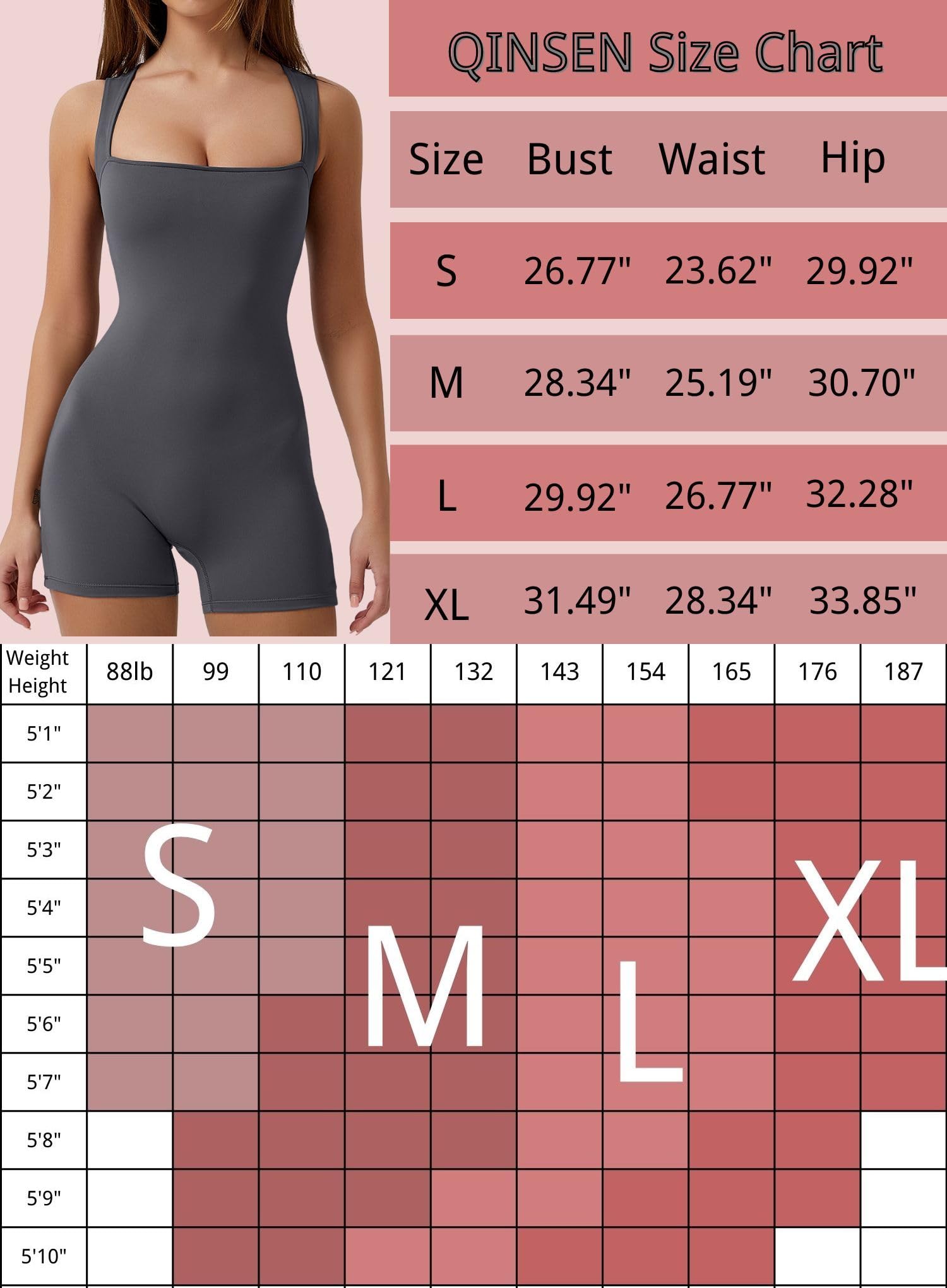 QINSEN Womens Strappy Square Neck Tank Tummy Control Stretch Short Jumpsuit Outfits Grey M
