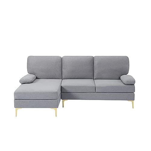 ERYE Soft Polyester Sofa&Couch with Left Lounge Chaise, L-Shaped Corner Upholstered Couch W/Pillow-Top Armrest & Golden Metal Legs for Living Room Furniture Sets, 79.5", Light Gray-005