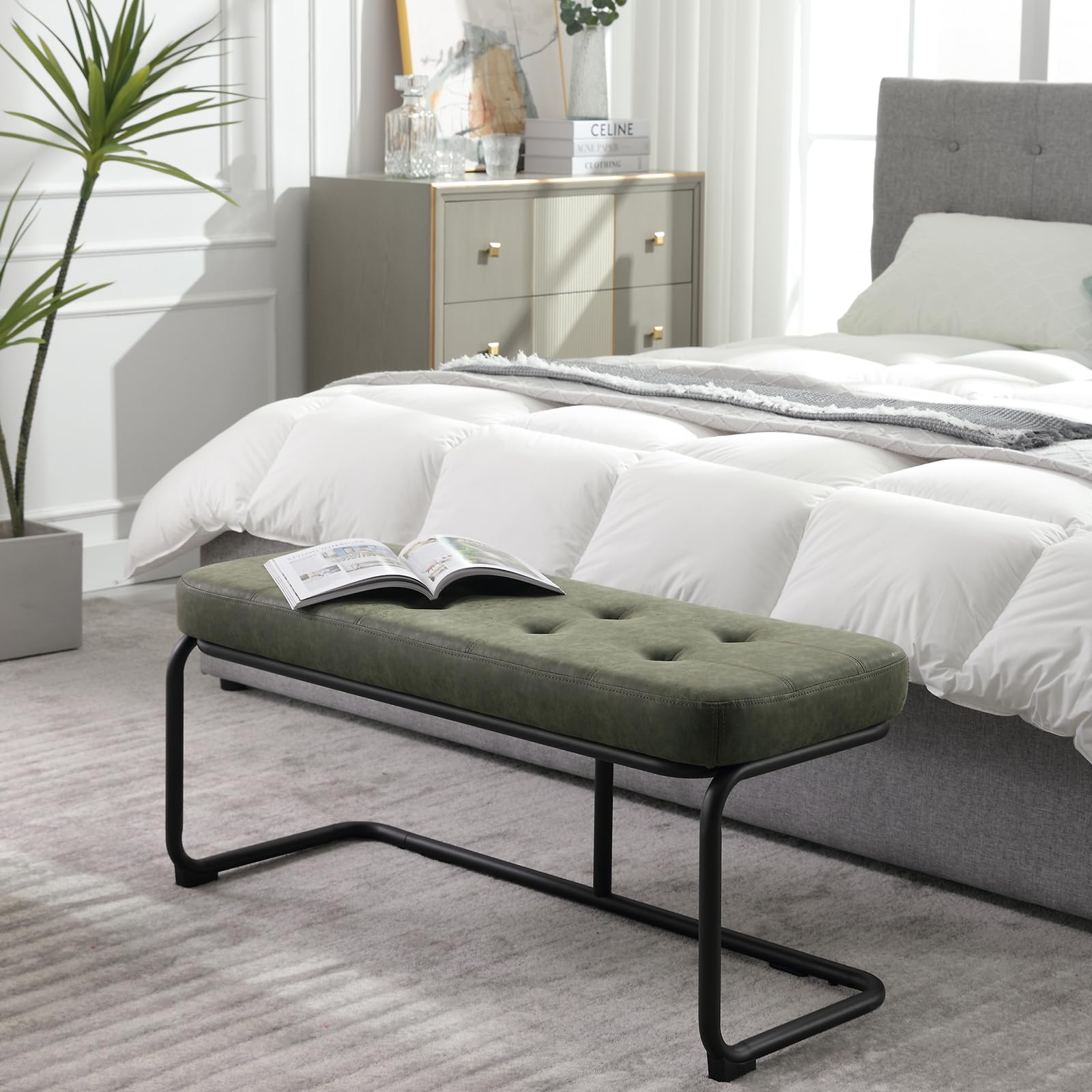 ZH4YOU 39 Inch Modern Dining Bench Indoor, Upholstered Leather Entryway Bench with Metal Legs, Button Tufted Ottoman Bench with Shoe Storage, Small Bench for Kitchen & Living Room Furnitures, Pu Green