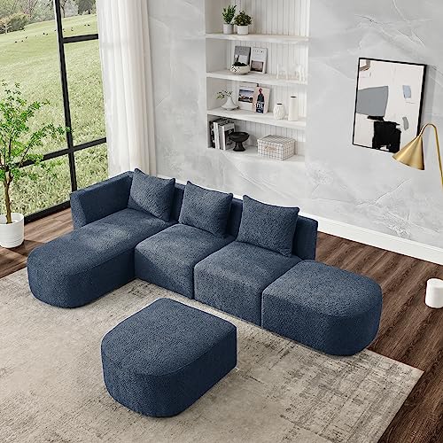 EMKK Modular Sectional Sofa L Shaped Couch with Left Side Chaise and Ottoman, DIY Combination, Loop Yarn Fabric,Living Room Furniture Sets Sofá w/ 3 Pillows