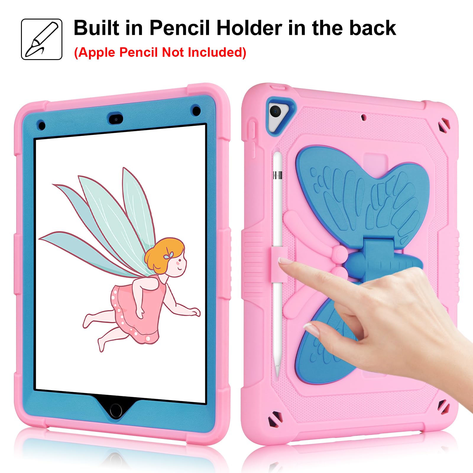 VOFUOE for iPad 6th/5th Generation Case with Screen Protector for iPad 9.7 Case 2018 2017 Butterfly Stand Strap Dolls Pencil Holder Kids Girls Hard Cover for iPad Pro for iPad Air 2th 9.7''-Pink Blue