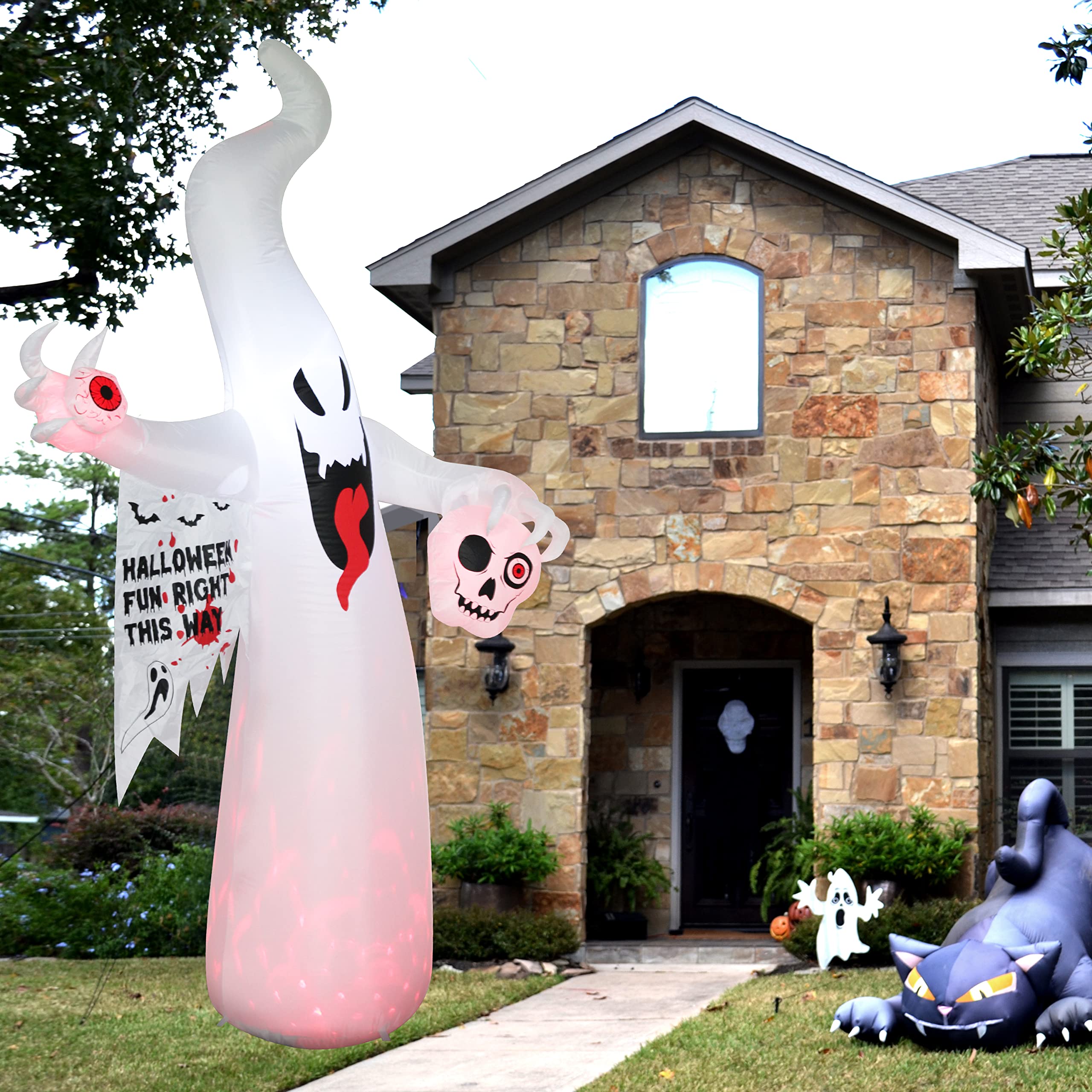 Halloween Inflatable Decorations Outdoor, Halloween Blow Up Inflatable for Halloween Yard, Garden, Lawn Decorations, Towering Spooky Ghost with Heart in Hand, Build-in LEDs