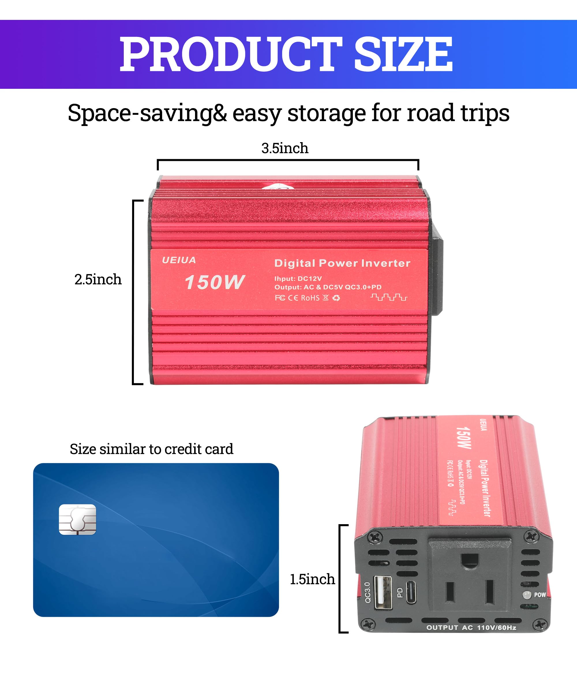 Zlirfy Car Inverter,Power Inverter,150W Car Power Inverter,Car to Outlet Adapter with USB+Type-C PD Dual Interface,Car Accessories Car Power Adapter,Car Plug Outlet Adapter