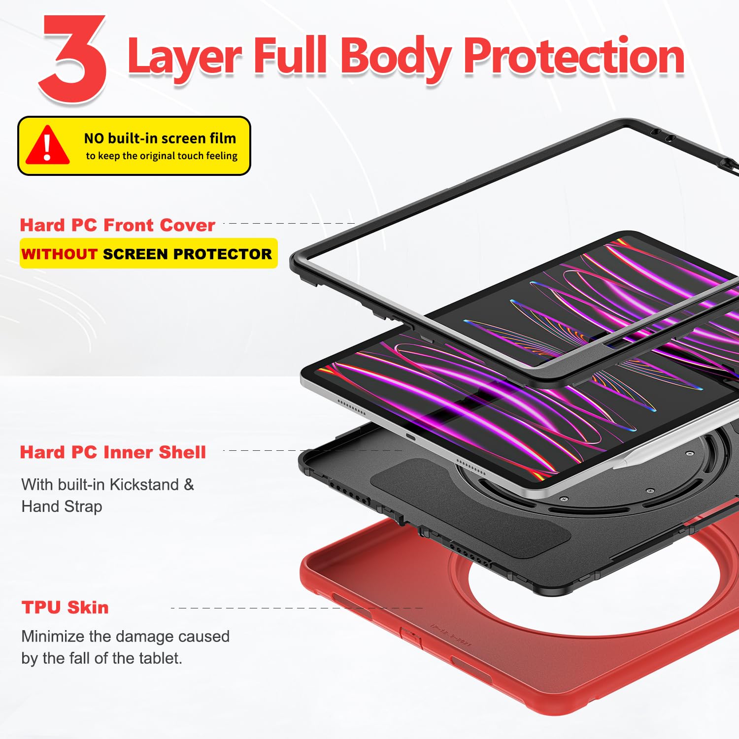 BATYUE iPad Pro 12.9 Case - Rugged Protective Case for iPad Pro 12.9-inch 6th/ 5th/ 4th/ 3rd Generation 2022/2021/ 2020/2018, iPad Pro 12.9 Cover with Pencil Holder/ 360° Swivel Stand - Red