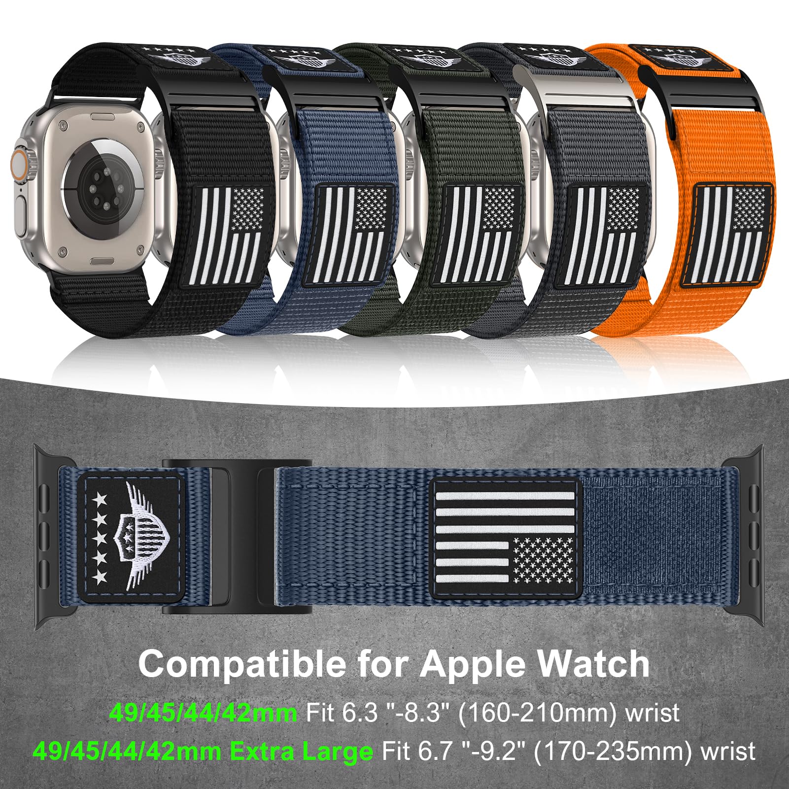 Rugged Nylon Band for Apple Watch Ultra Band 49mm 45mm 44mm 42mm,Soft Sport Loop Adjustable Wristbands Replacement Strap for Apple Watch Band iWatch Ultra Series 9/8/7/SE/6/5/4/3/2/1,USA Flag light blue