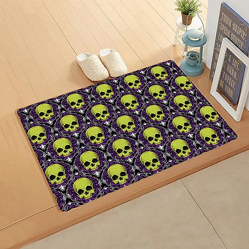 Jolunifun Halloween Antifatigue Kitchen Bath Door Mat Cushioned Runner Rug,Washable Welcome Floor Sink Mat,Waterproof Non-Slip Comfort Standing Doormat,Green Horror Skull Bone Purple Backdrop 24"x36"