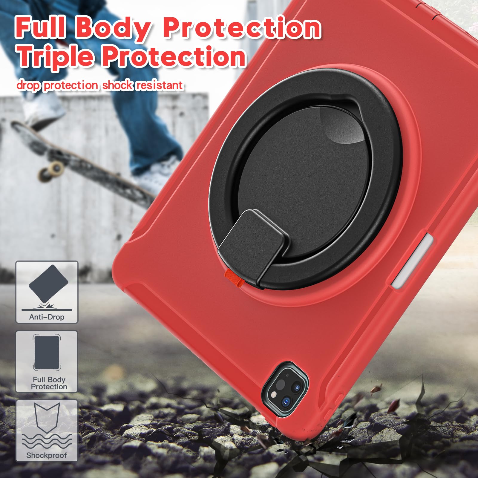BATYUE iPad Pro 12.9 Case - Rugged Protective Case for iPad Pro 12.9-inch 6th/ 5th/ 4th/ 3rd Generation 2022/2021/ 2020/2018, iPad Pro 12.9 Cover with Pencil Holder/ 360° Swivel Stand - Red