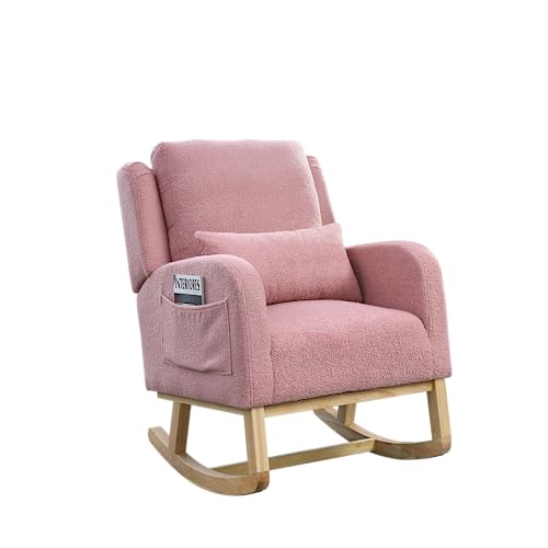 Gxcevsou Teddy Rocking Chair for Nursery, High Back Glider Rocker Upholstered Armchair with One Lumbar Pillow for Nursery, Comfy Armchair with Two Side Pockets for Living Room, Bedroom (Pink)