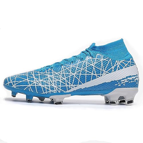 lozoye Soccer Cleats Mens Womens Football Shoes for Kids Big Boys Grils FG High Ankle Football Boots Wide Soccer Training Sneakers (Blue White,42)