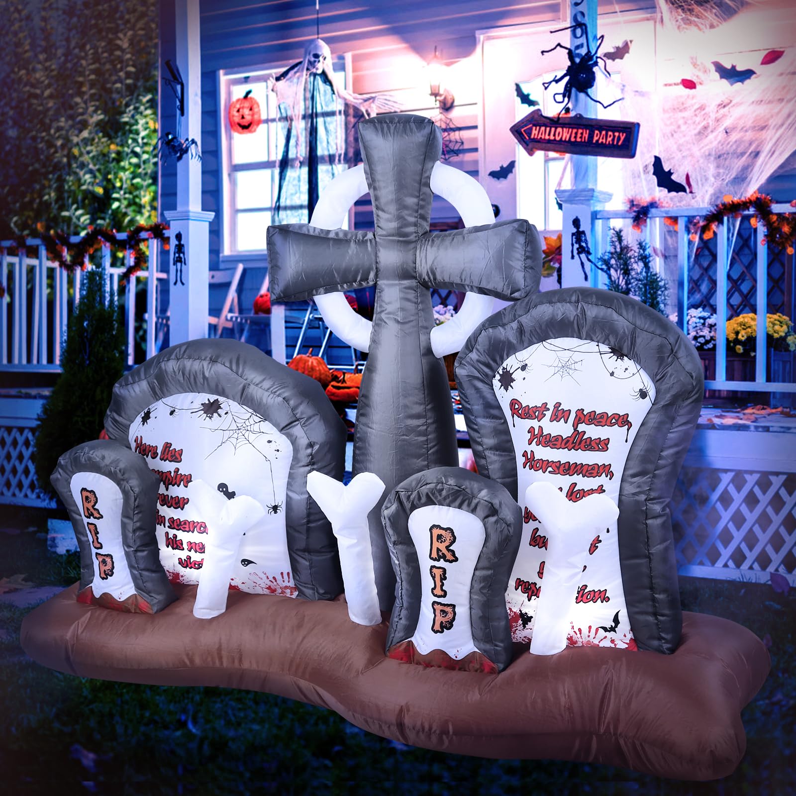 SSFWdecor Halloween Inflatables Outdoor Decorations - 5FT Tombstone and Cross Halloween Inflatable Decor with 3 Built-in Led Light - Halloween Scary Blow Up Decoration for Yard Outside Party Holiday