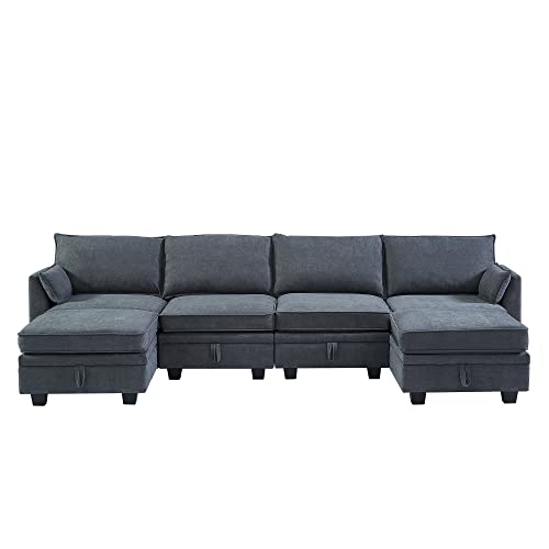 Eafurn U Shaped Modular Sectional Sofa with Double Chaise and Storage Seat,115" Upholstery Corner Couch with Comfy Cushion Back,Oversized Convertible Sleeper Sofa & Couch Bed for Living Room