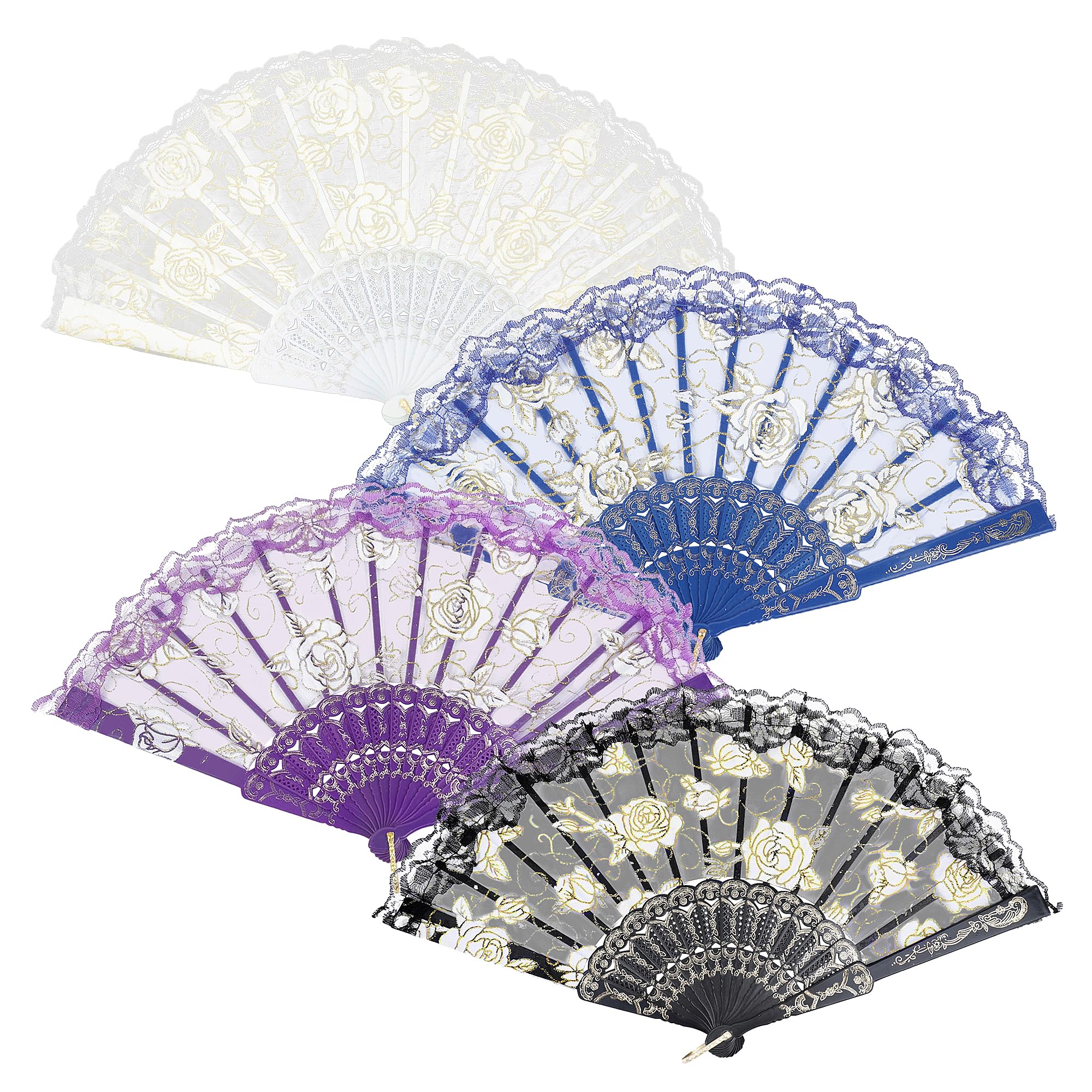 SUNETARY Folding Hand Fan Bulk for Women, 4 Pack Foldable Chinese Spanish Lace Fan Vintage Handheld Fans for Wedding, Music Festival, Party, Dance, Performance, Decoration, Gift