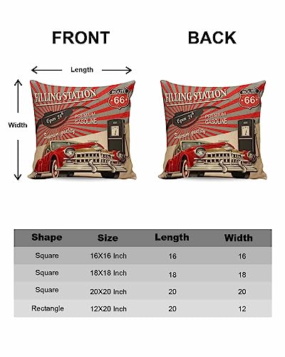 Set of 2 Throw Pillow Covers Square Pillow Case Retro Filling Station Car Posters Cotton Linen Cushion Case Pillowcase for Sofa Couch Bed, Living Room Bedroom Decorative, 18 x 18 Inches