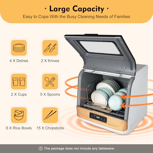 WenDissy Mini Portable Countertop Dishwasher, Compact Dishwasher with 3 Washing Programs, 360° Rotating, Dishwasher Automatic Dish Washing Machine For Dorm, RV, Apartment (Gold)