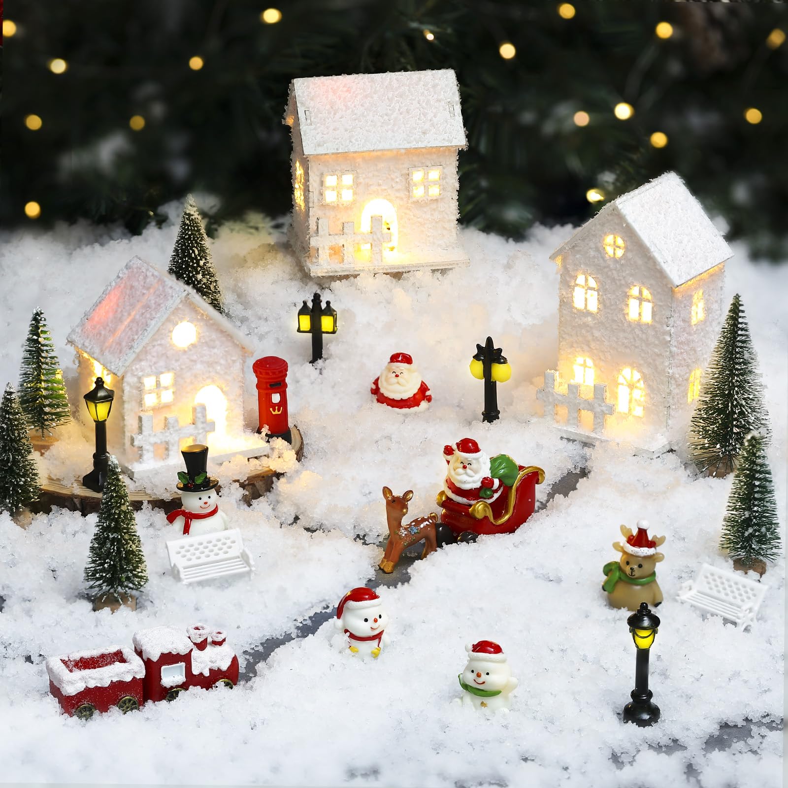 Maitys 26 Pcs Christmas Village Sets Houses LED Lighted Accessories Town Scene Christmas Figurines Battery Operated for Desktop Holiday Miniature Decorations
